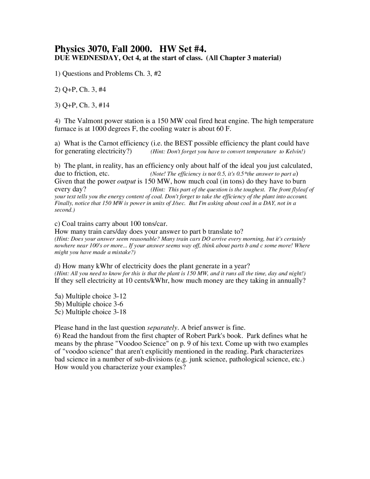 Energy And The Environment Homework Set 4 Phys 3070 Docsity