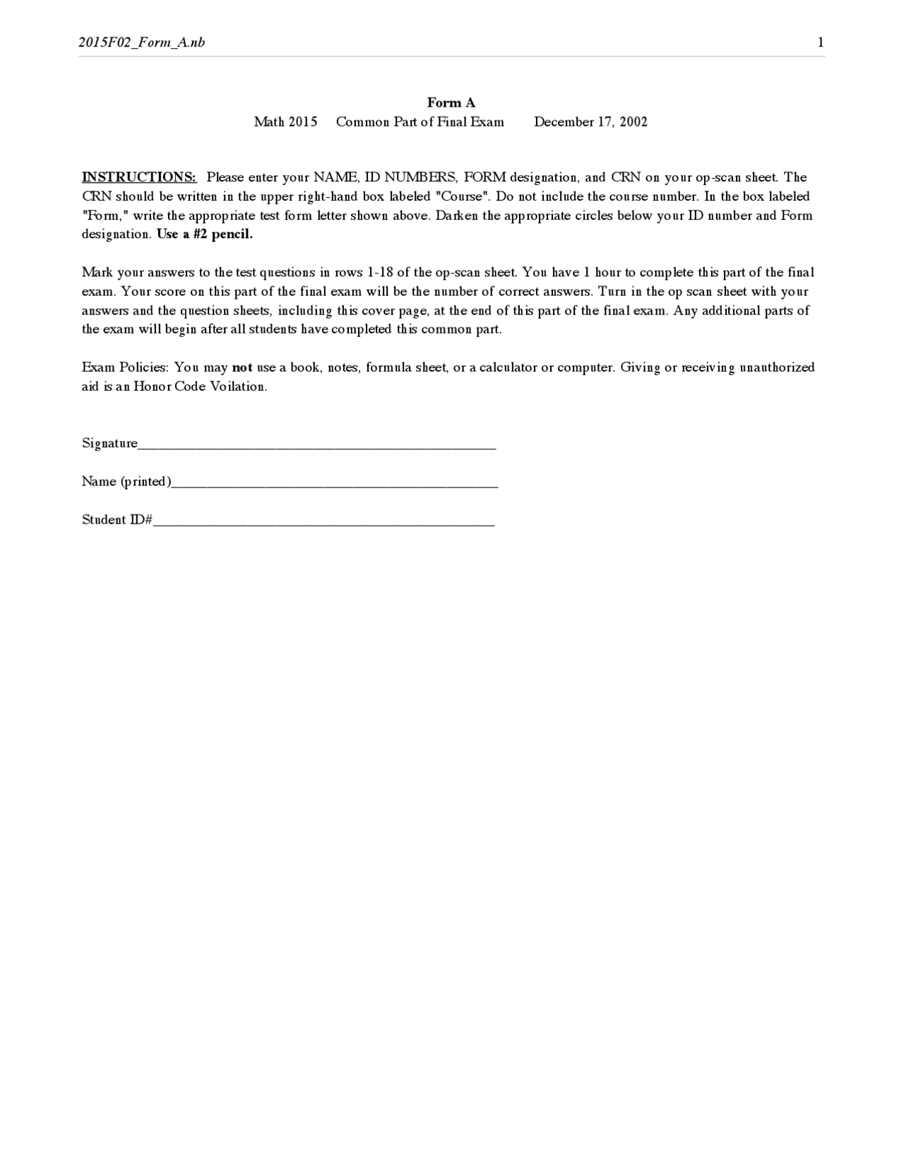 Calculus With Trigonometric Ii Final Exam Math 2015 Docsity