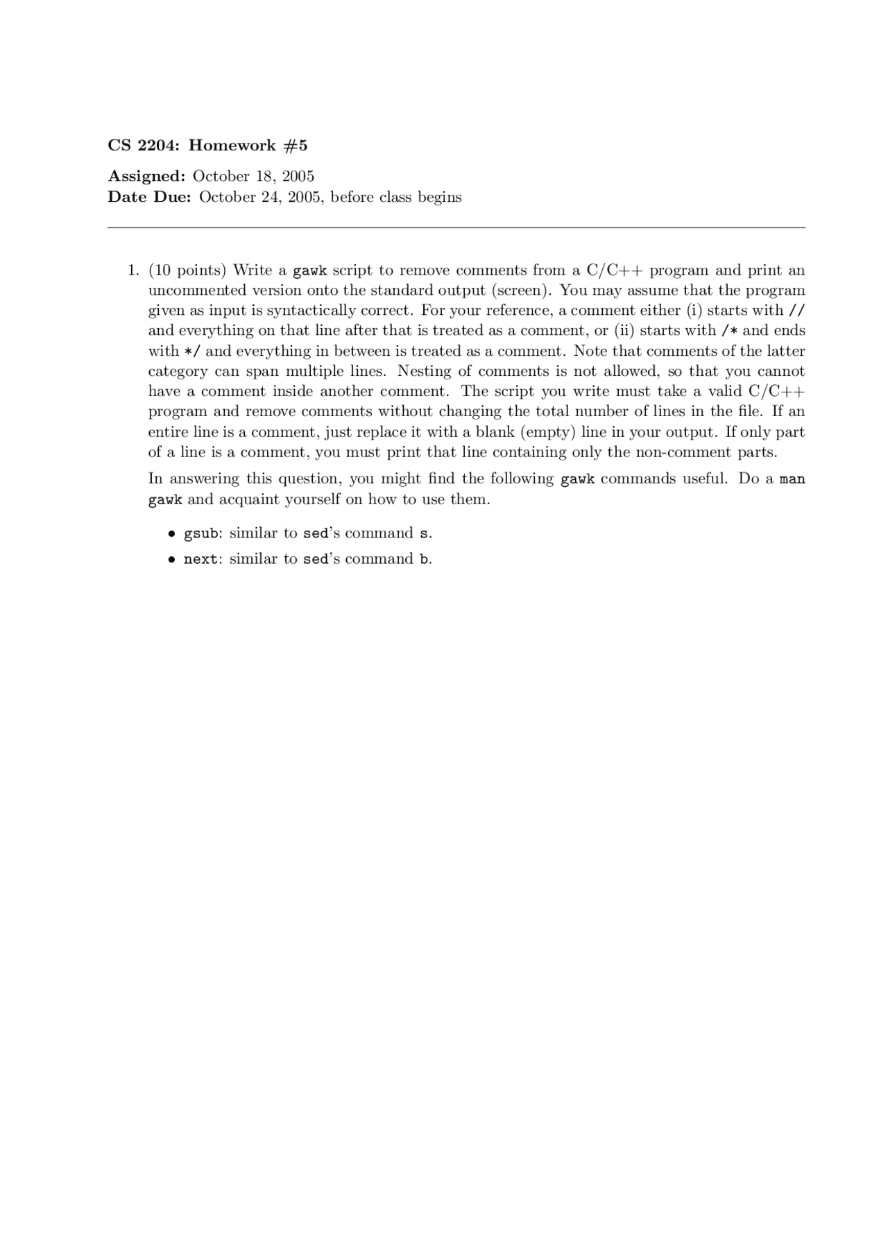Homework 5 Problems Unix Fall 2005 Cs 2204 Docsity