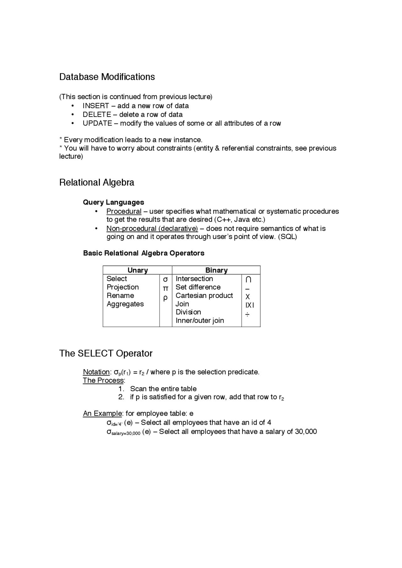 Database Modifications Relational Algebra The Project Operator Eel