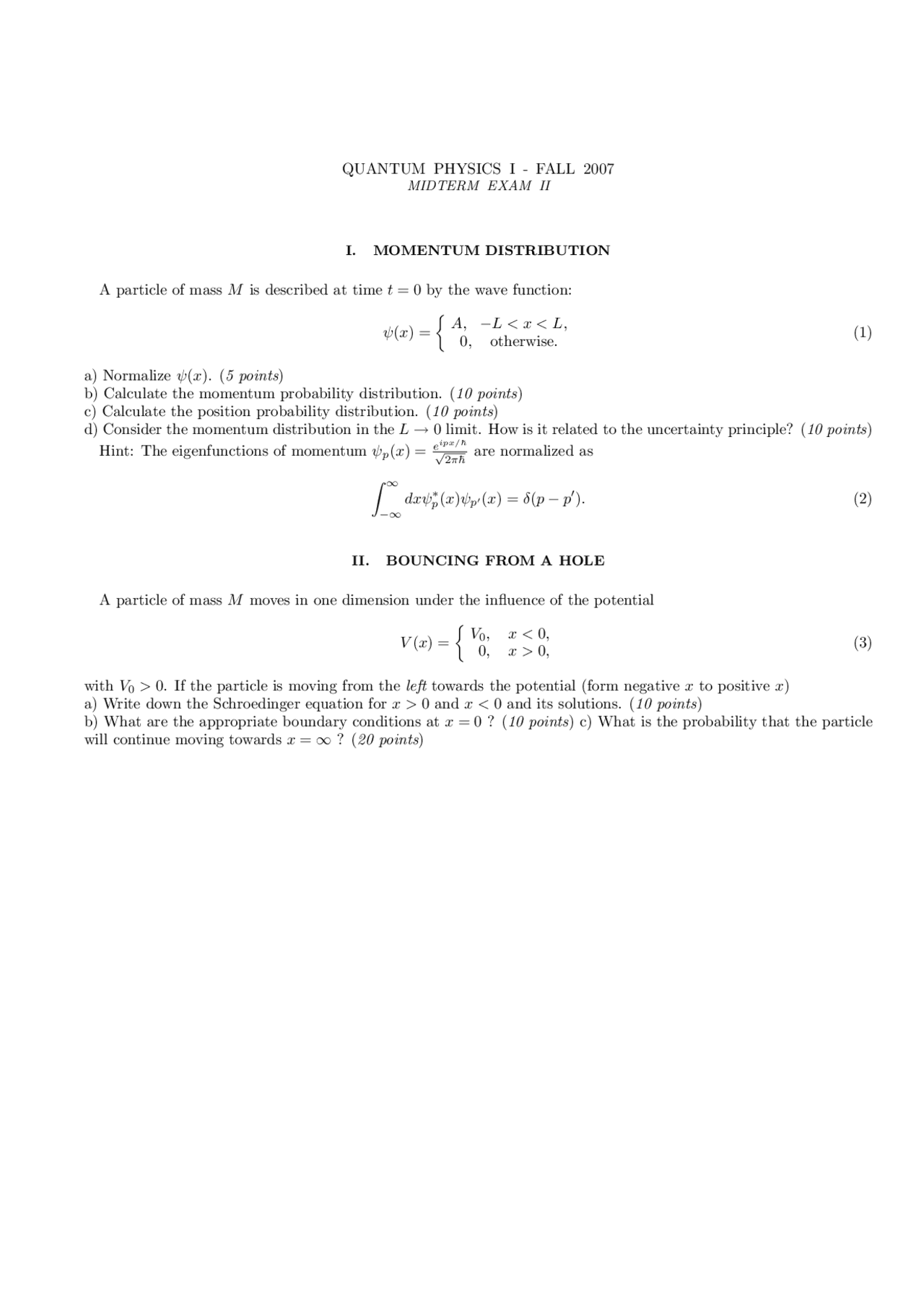 Momentum Distribution Quantum Physics I Exam Phys 401 Docsity