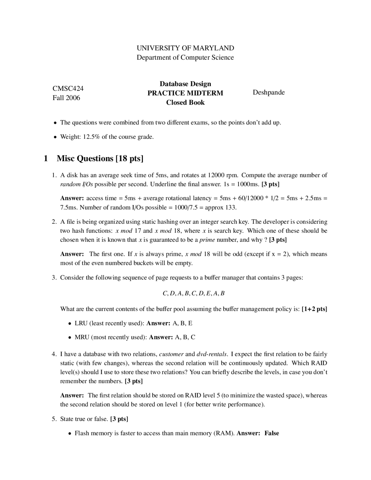 Practice Midterm Database Design Cmsc 424 Docsity