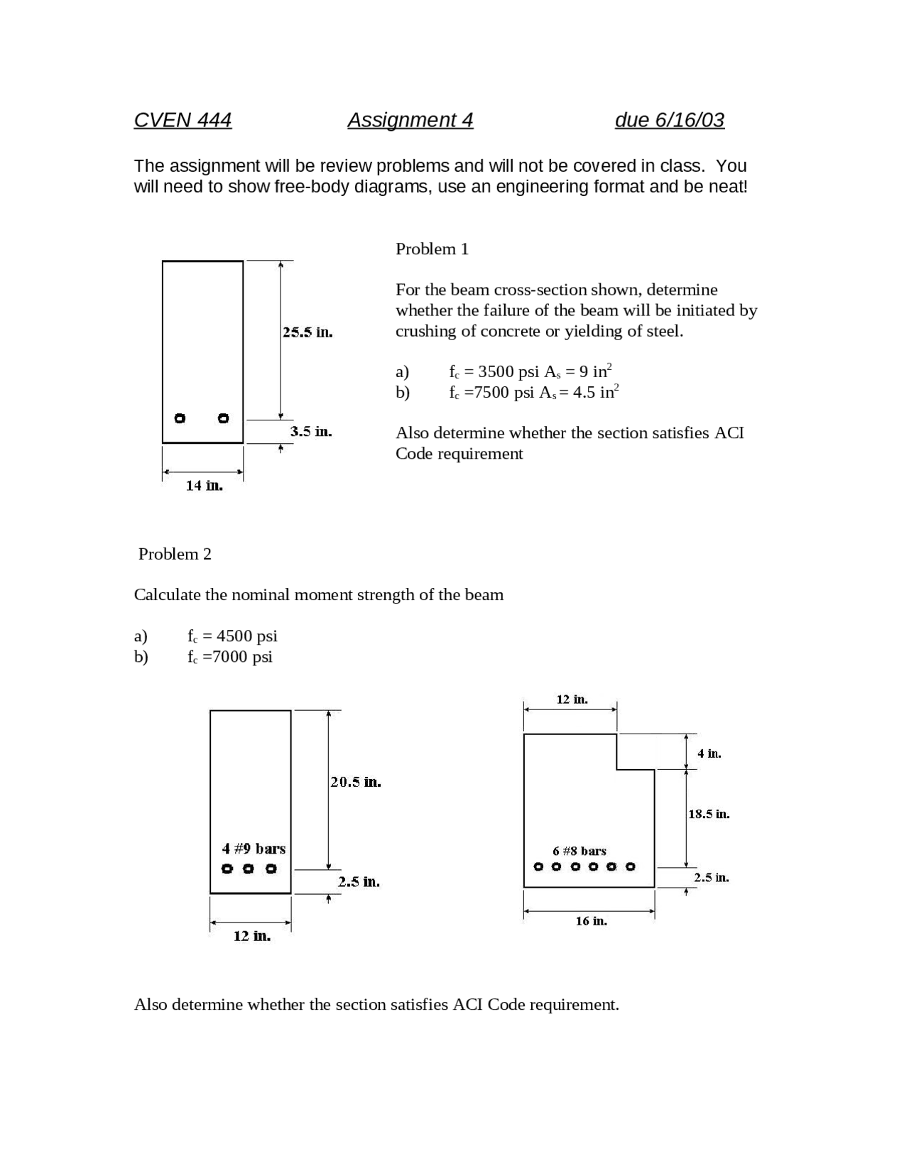 3 Problems Of Design Of Concrete Structure Assignment 4 Cven 444