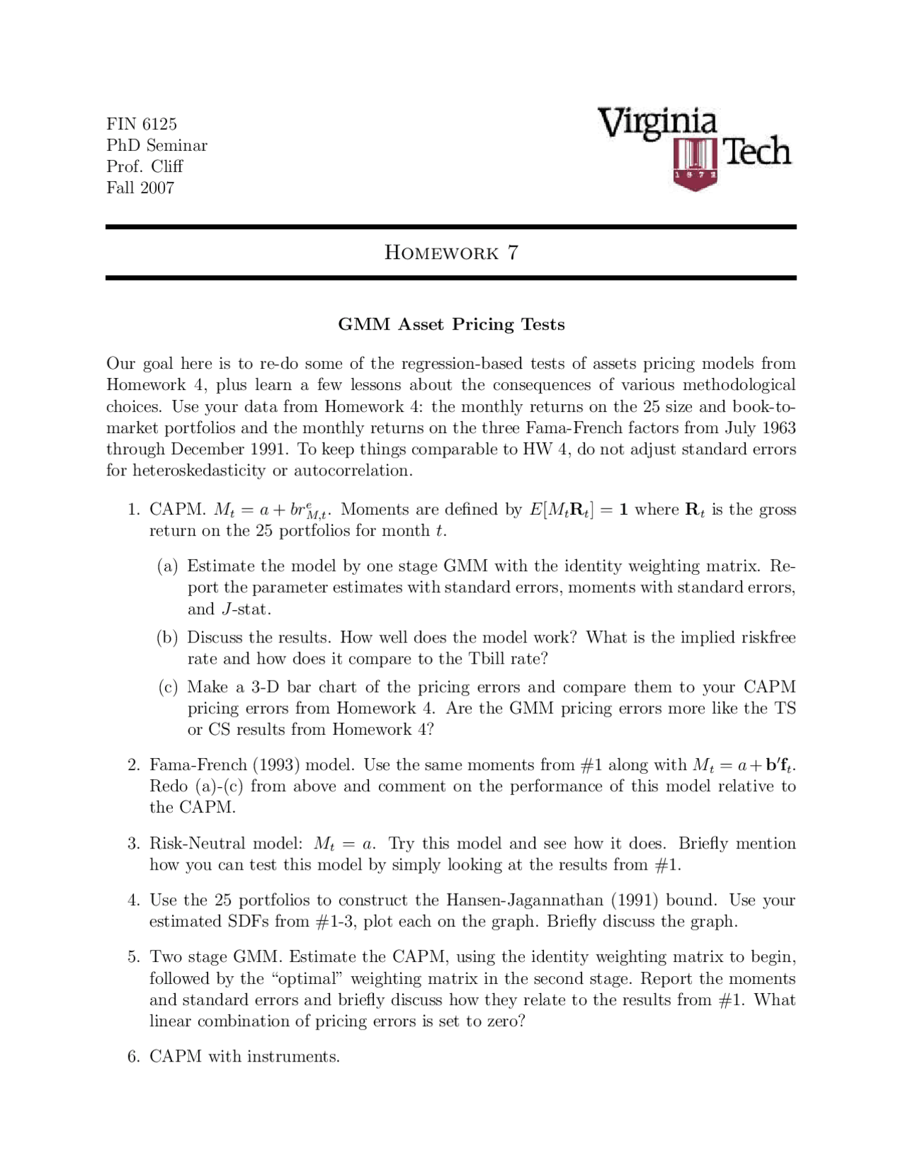 Gmm Asset Pricing Tests Homework 7 Fin 6125 Docsity