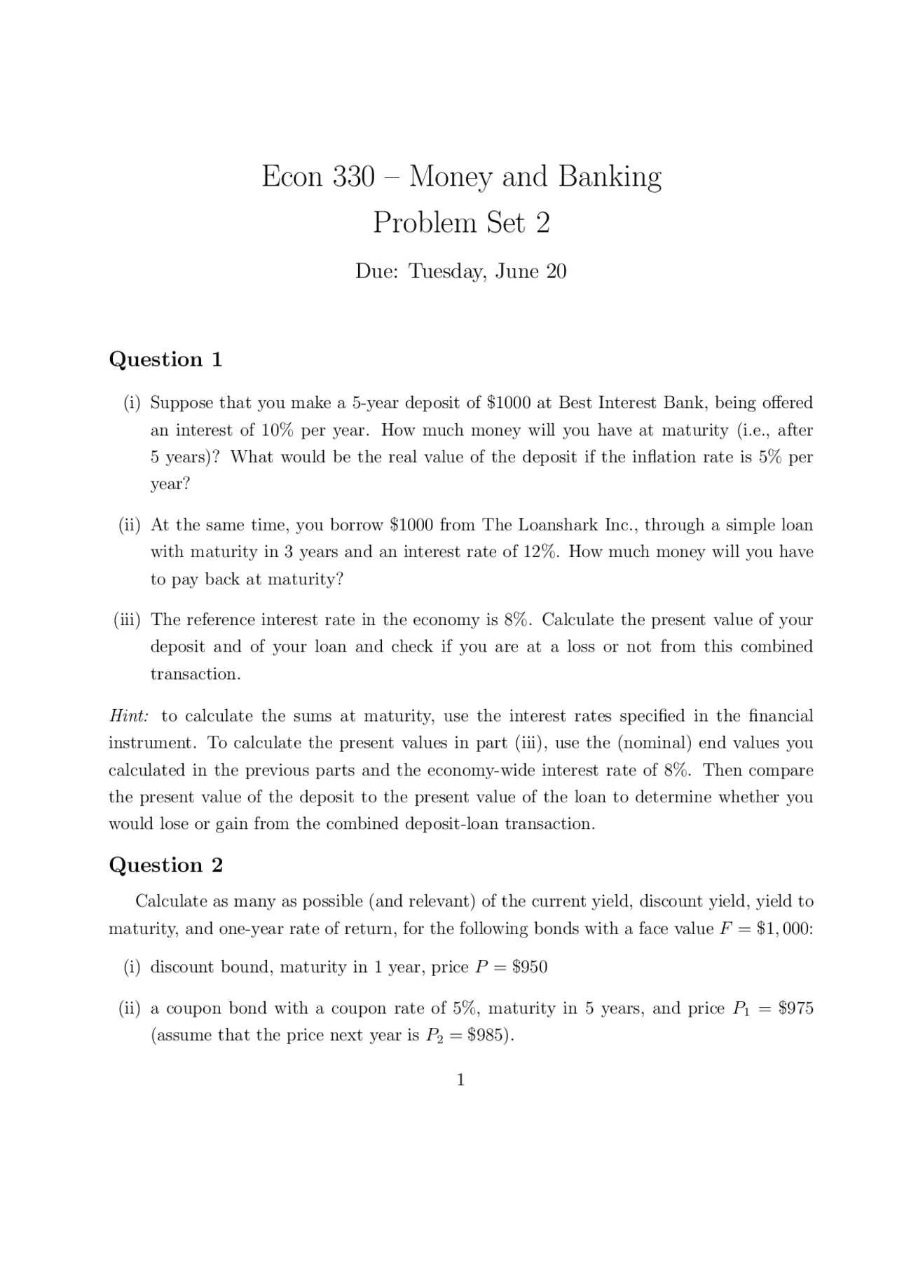 4 Questions Of Money And Banking Assignment 2 Econ 330 Docsity