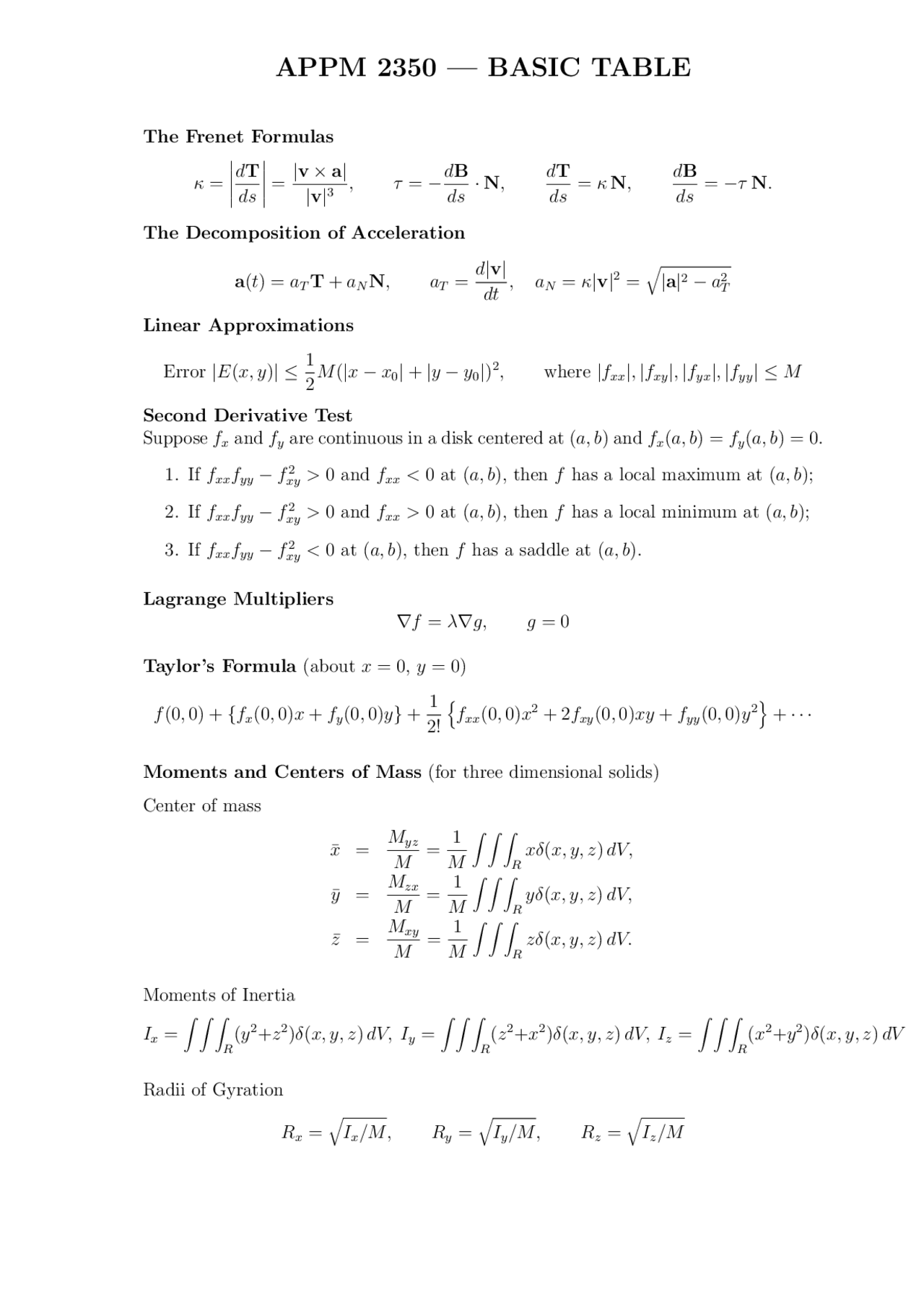 Basic Table - Calculus 3 for Engineers - Notes | APPM 2350 - Docsity