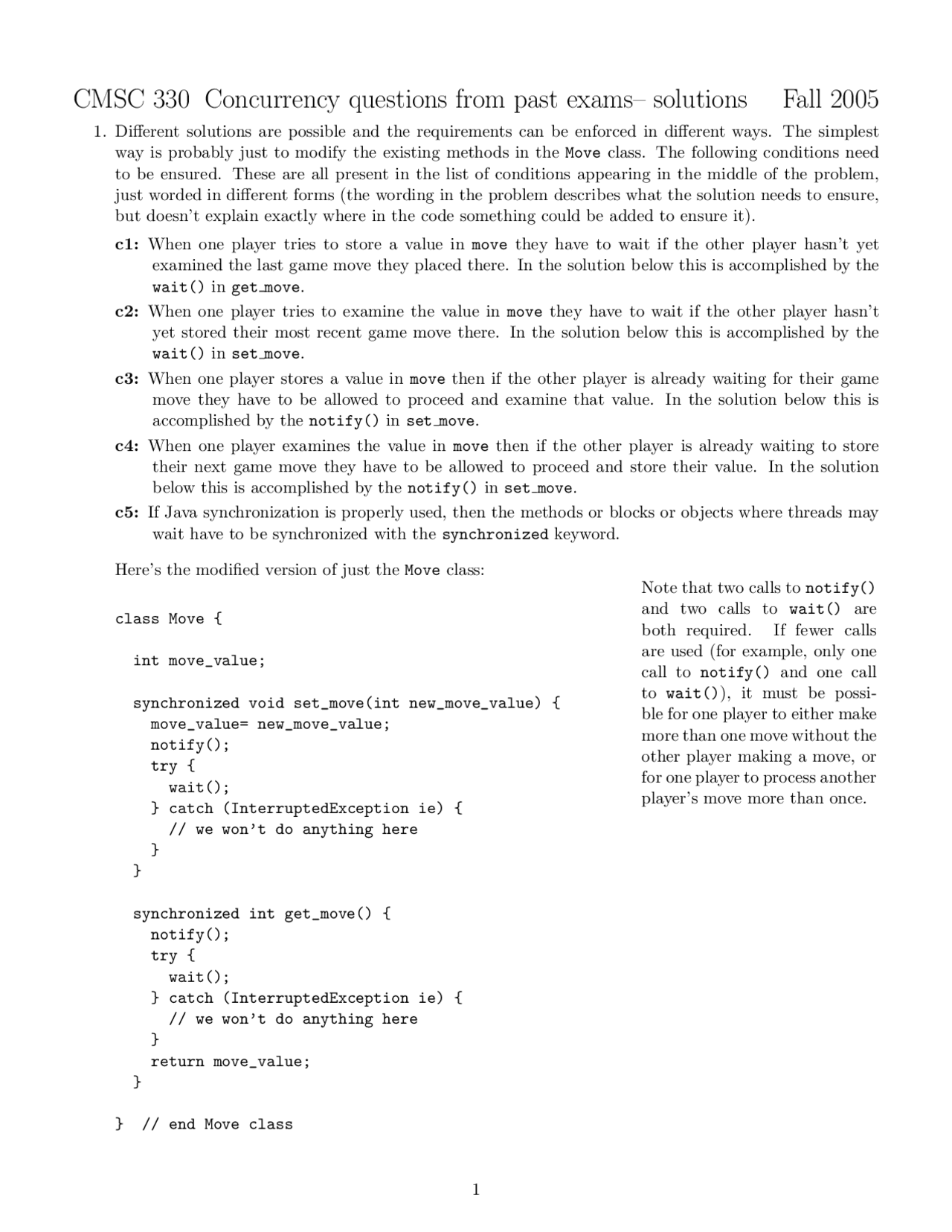 Concurrency Questions From Past Exams With Solution Fall 2005 Cmsc 330 Docsity