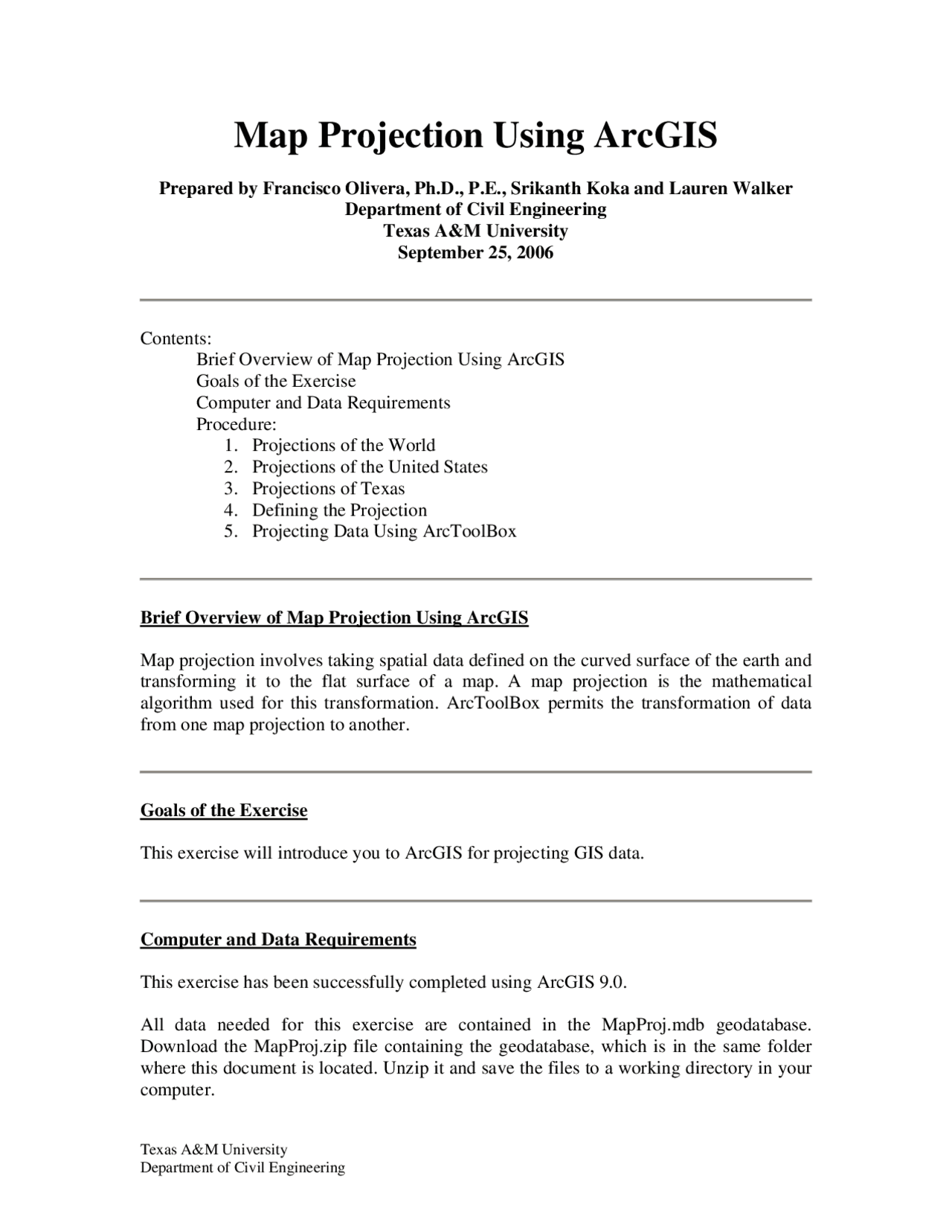 Map Projections Using ArcGIS - Lab Experiment | CVEN 423 - Docsity