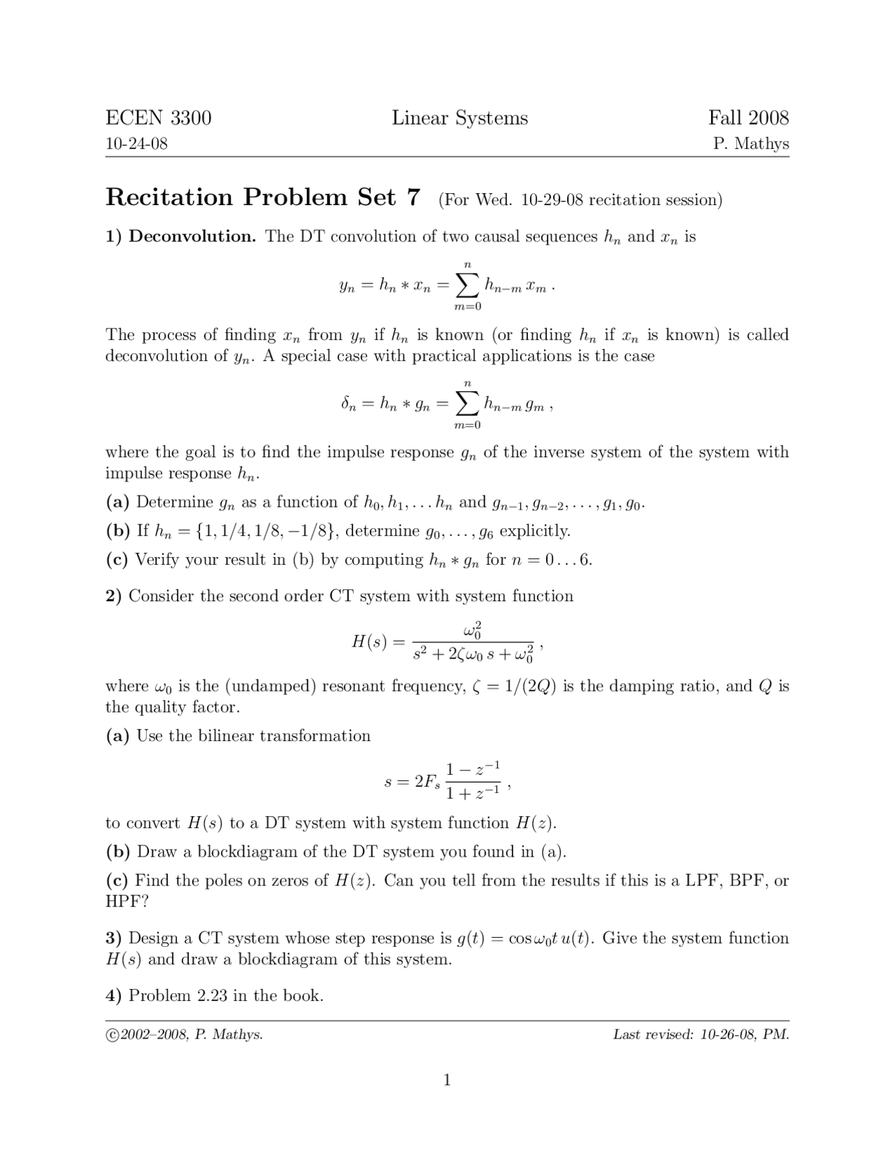 Linear Systems Assignment Problems Ecen 3300 Docsity