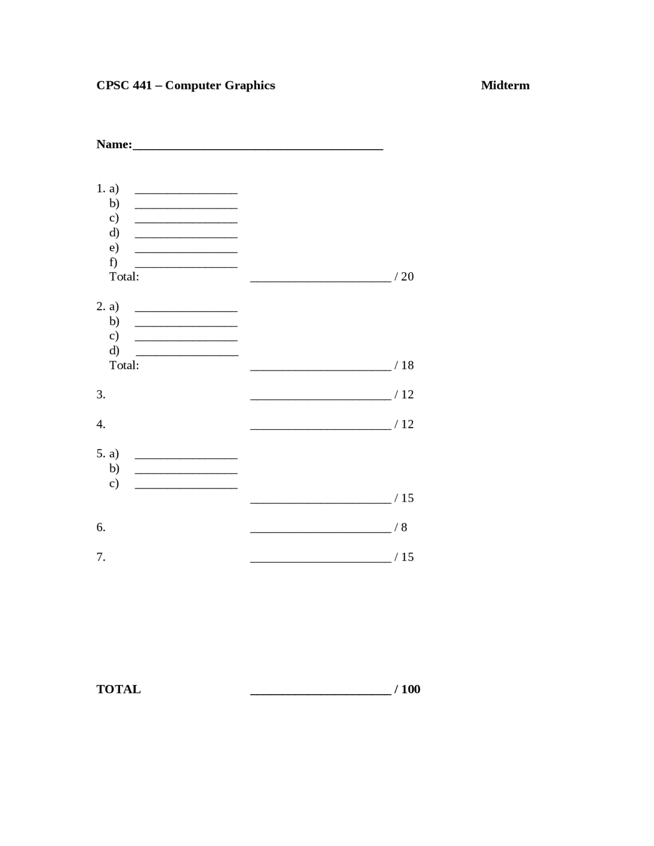 7 Questions On Computer Graphics Past Midterm Exam Cpsc 441 Docsity