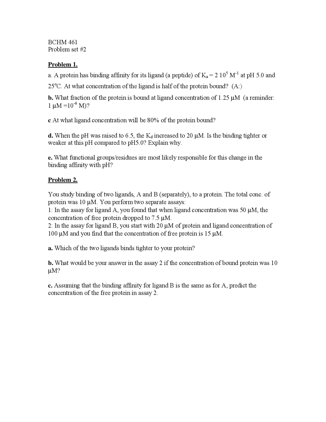 Problems Set 2 For Biochemistry I Bchm 461 Docsity