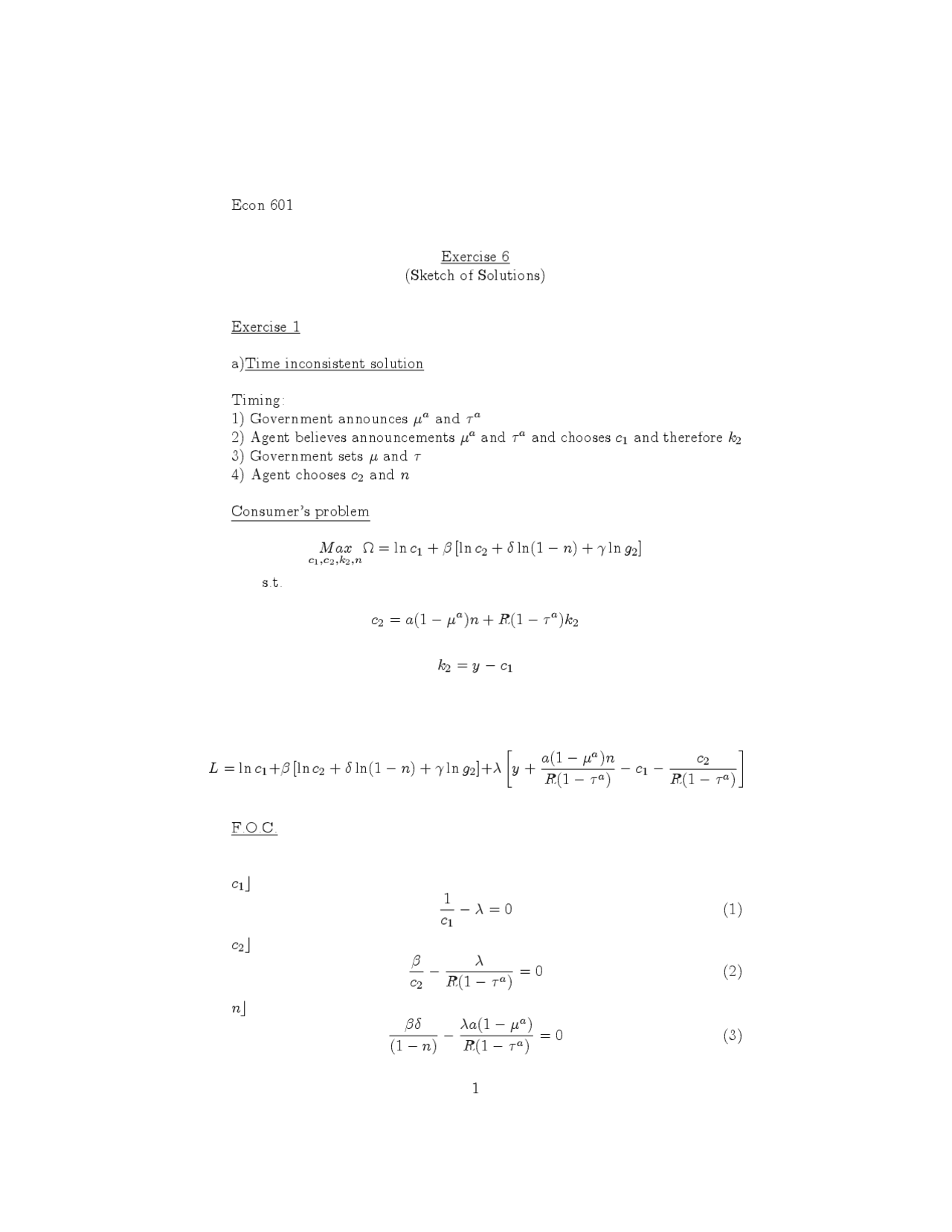 Exercise 6 Solutions Macroeconomics Analysis I Econ 601 Docsity