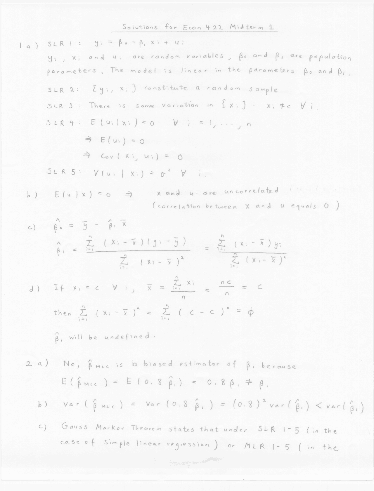 Midterm Exam 1 Problems On Econometrics I With Solutions Econ 422