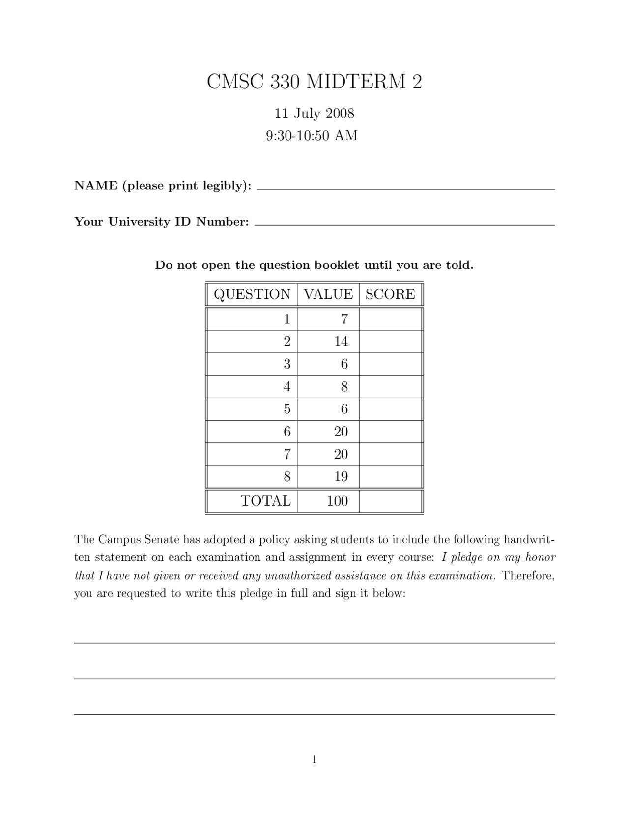 8 Questions In Midterm Exam 2 Organization Programming Language