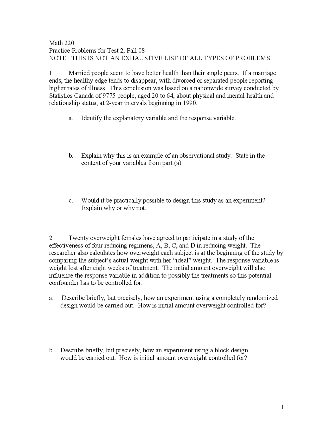 Practice Problems for Exam 2 - Elementary Statistics | MATH 220 | Exams Statistics | Docsity