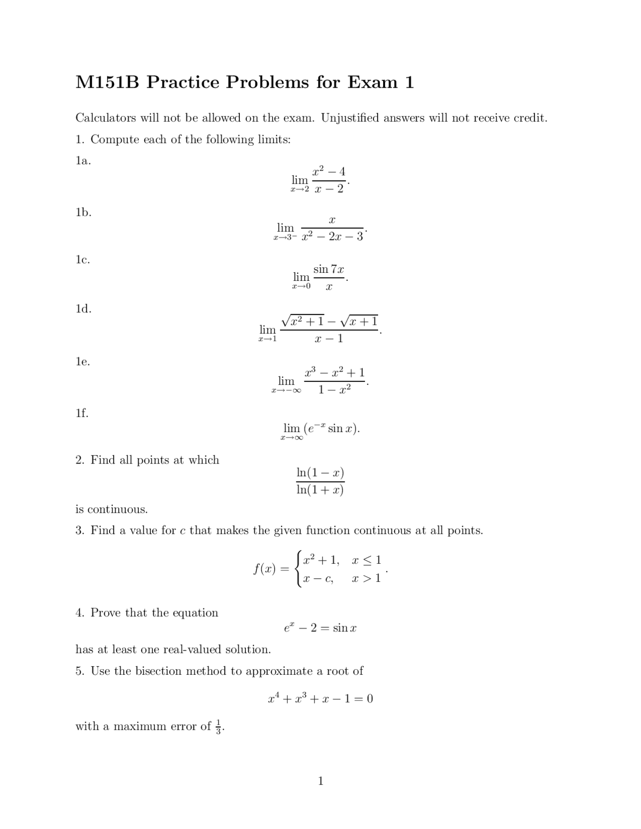 Practice Problems for Exam 1 - Engineering Math I | MATH 151 - Docsity