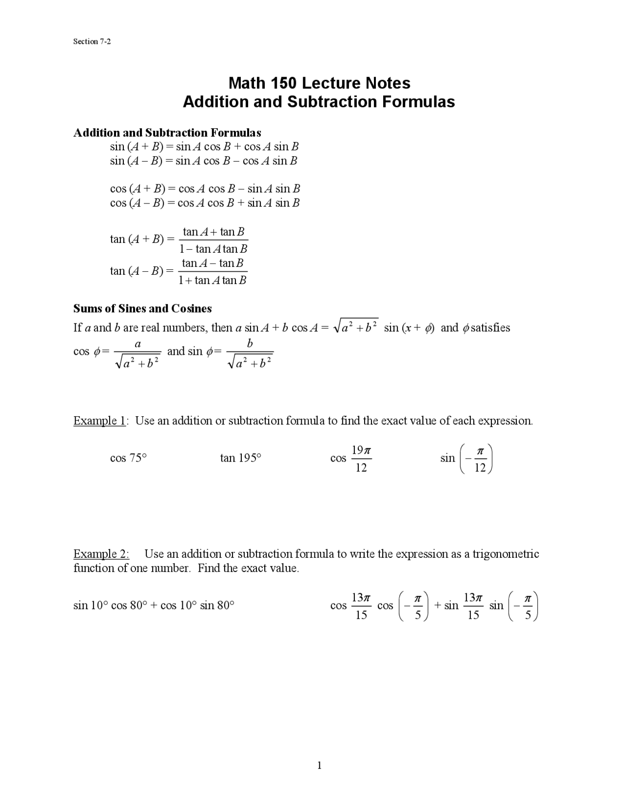 Addition And Subtraction Formulas Lecture Notes MATH 150 Docsity Addition And Subtraction Formulas Lecture Notes MATH 150 Docsity