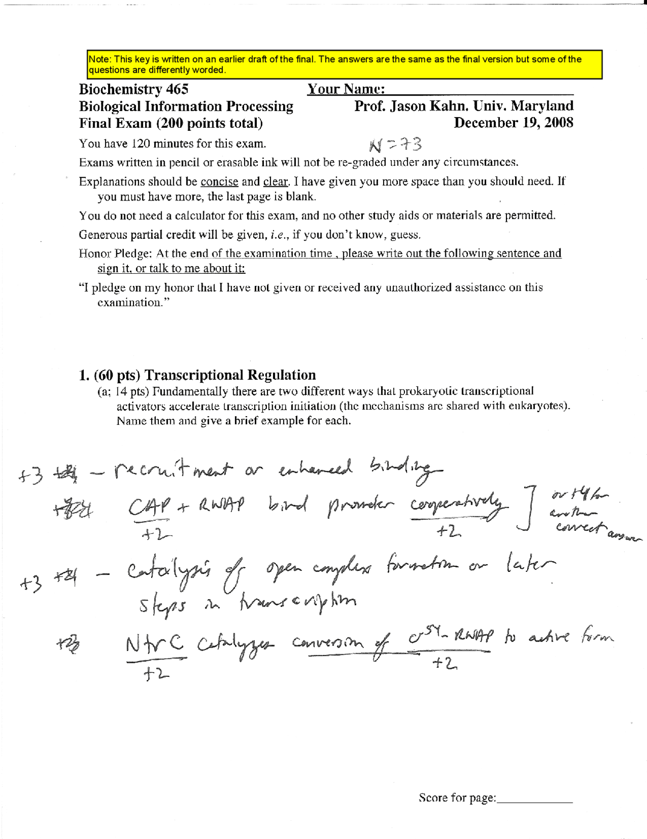 Final Exam With Biological Information Processing Biochemistry Iii