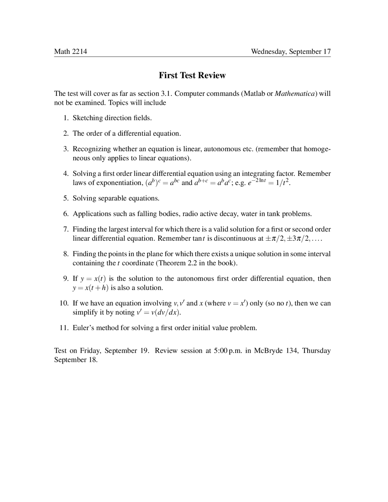 First Test Review Introduction Differential Equations Math 2214
