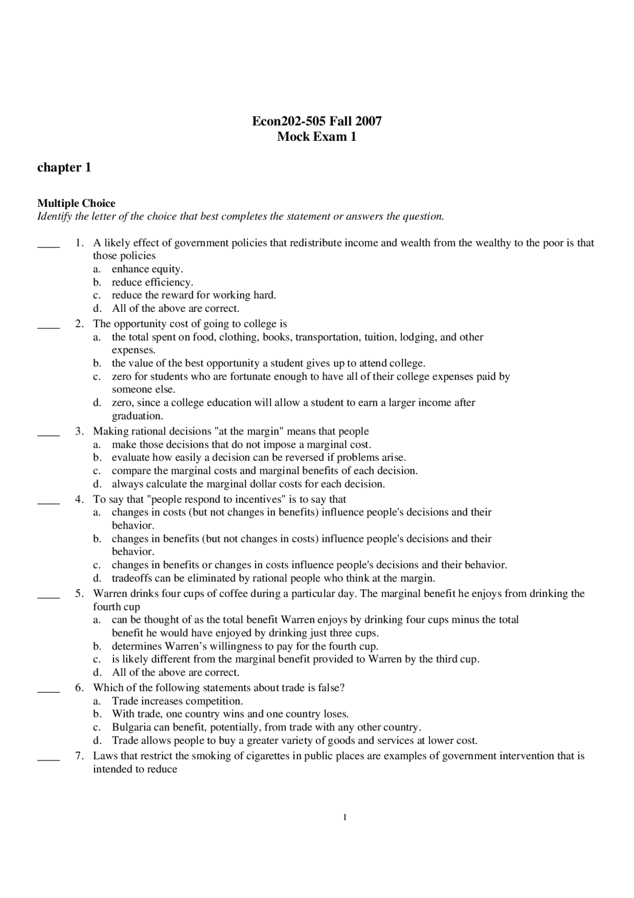 Mock Exam 1 with Answer Key | Principles of Economics | ECON 202 - Docsity