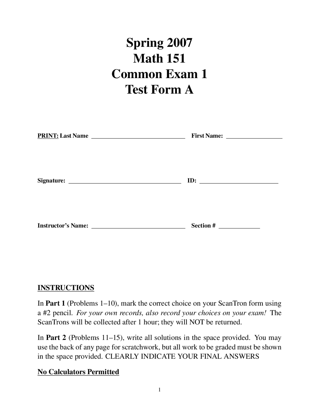 Exam 1 - 15 Questions on Engineering Mathematics I | MATH 151 - Docsity