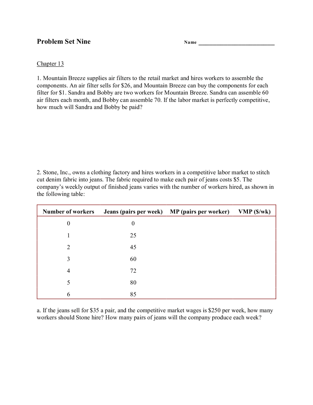 The Cost Of Production Problem Set 9 Econ 202 Docsity