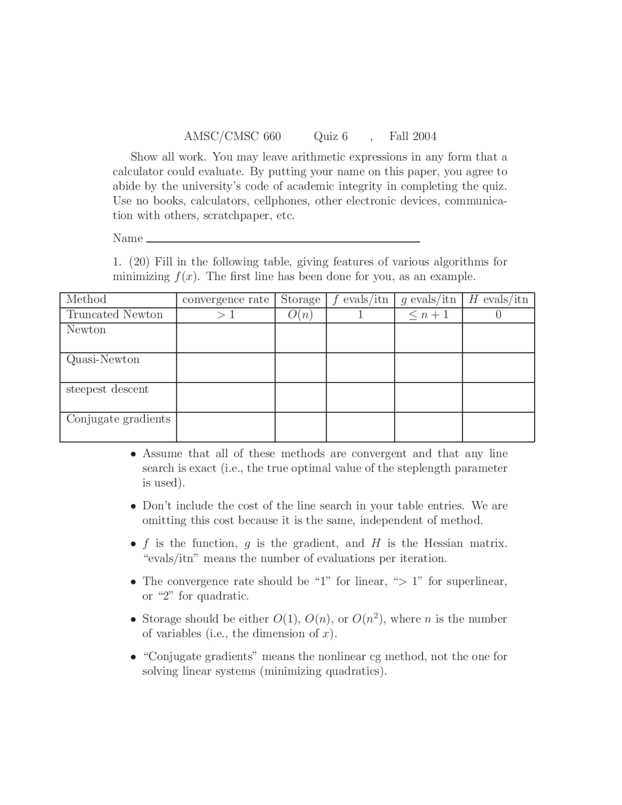 Questions On Scientific Computing I Quiz 6 Fall 2004 Cmsc 660