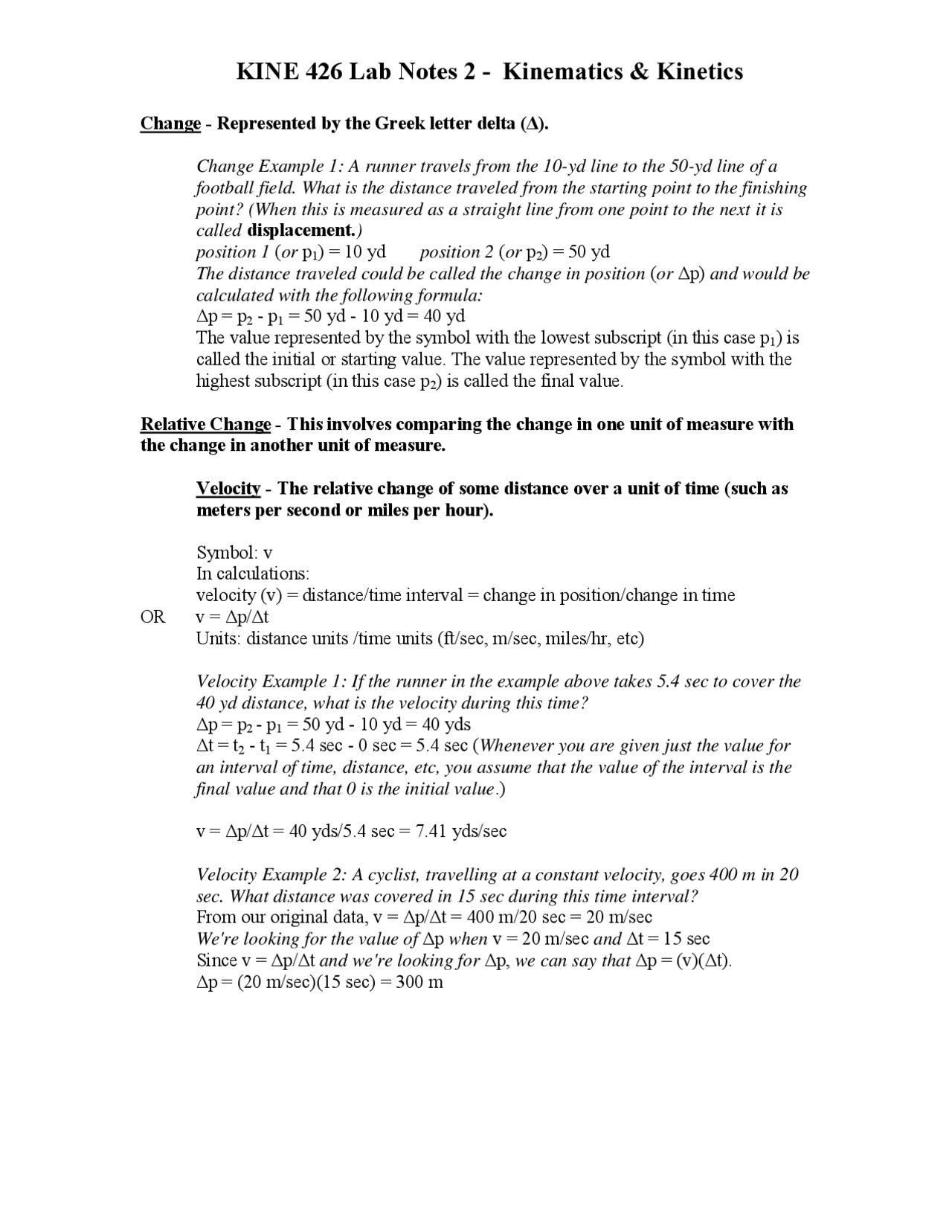 Lab Notes 2 on Kinetics and Kinematics - Exercise Biochemistry | KINE ...