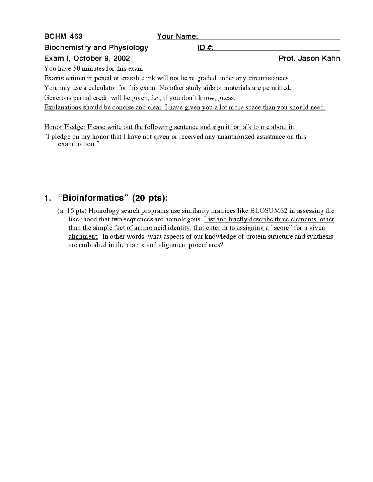 Biochemistry Of Physiology Exam 1 Questions Bchm 463 Docsity