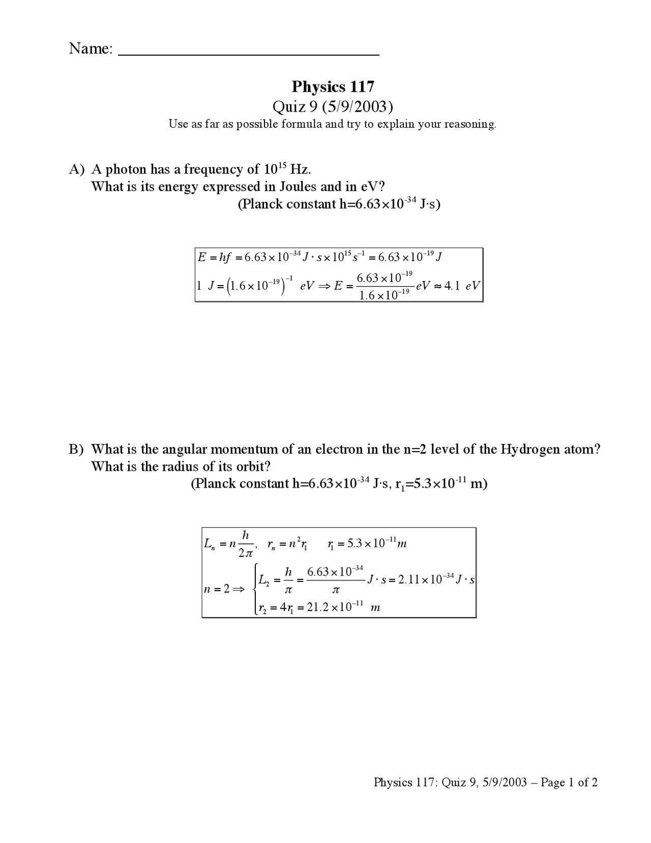 Quiz 9 With Solutions For Introduction To Physics Phys 117 Docsity