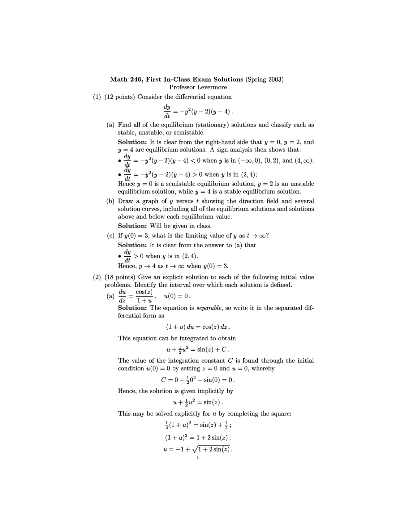 Exam 1 With Solution Introduction Linear Algebra Math 240 Docsity
