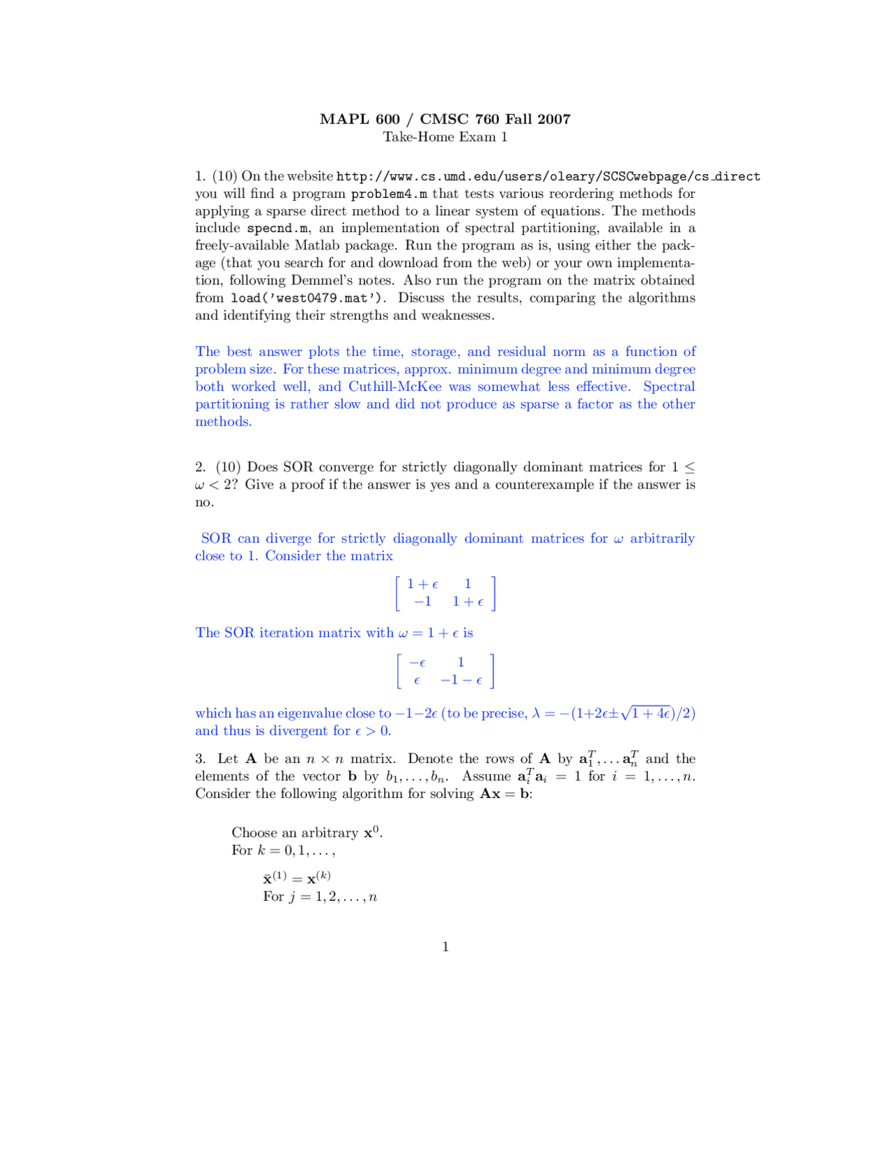 Take Home Exam 1 With Solution Linear Numerical Analysis Cmsc 760 Docsity