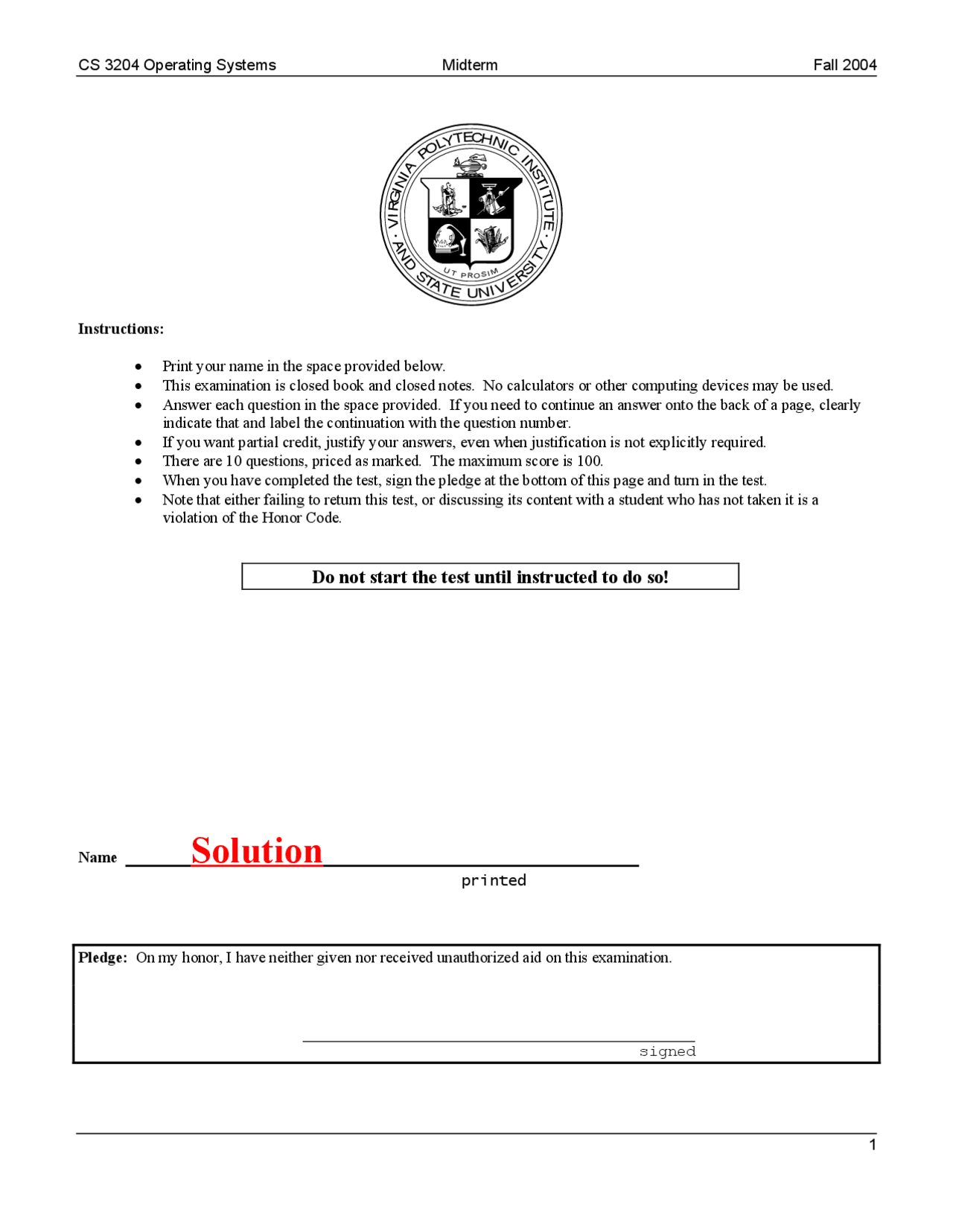 Midterm Exam With Solution For Operating Systems Cs 3204 Docsity