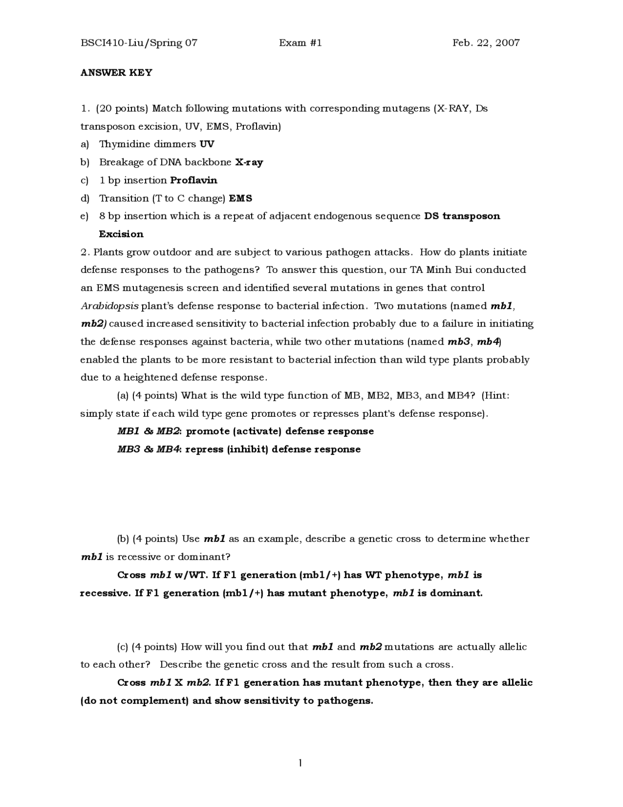 Exam 1 Answers Key Molecular Genetics Bsci 410 Exams Molecular