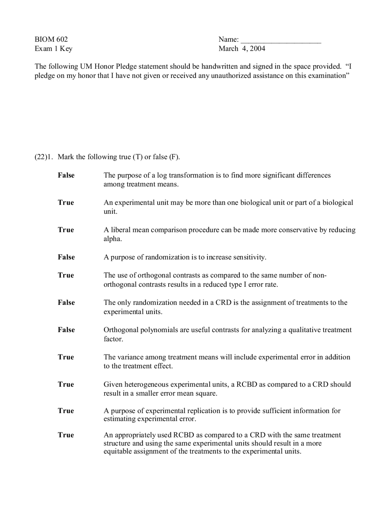 Exam 1 With Solution For Biostatistics Ii Biom 602 Docsity