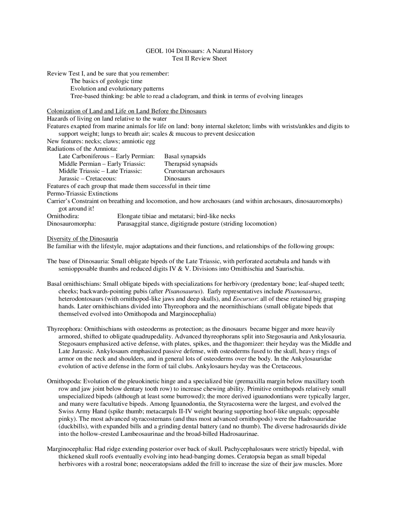 Test Ii Review Sheet Dinosaurs Natural History Geol 104 Docsity