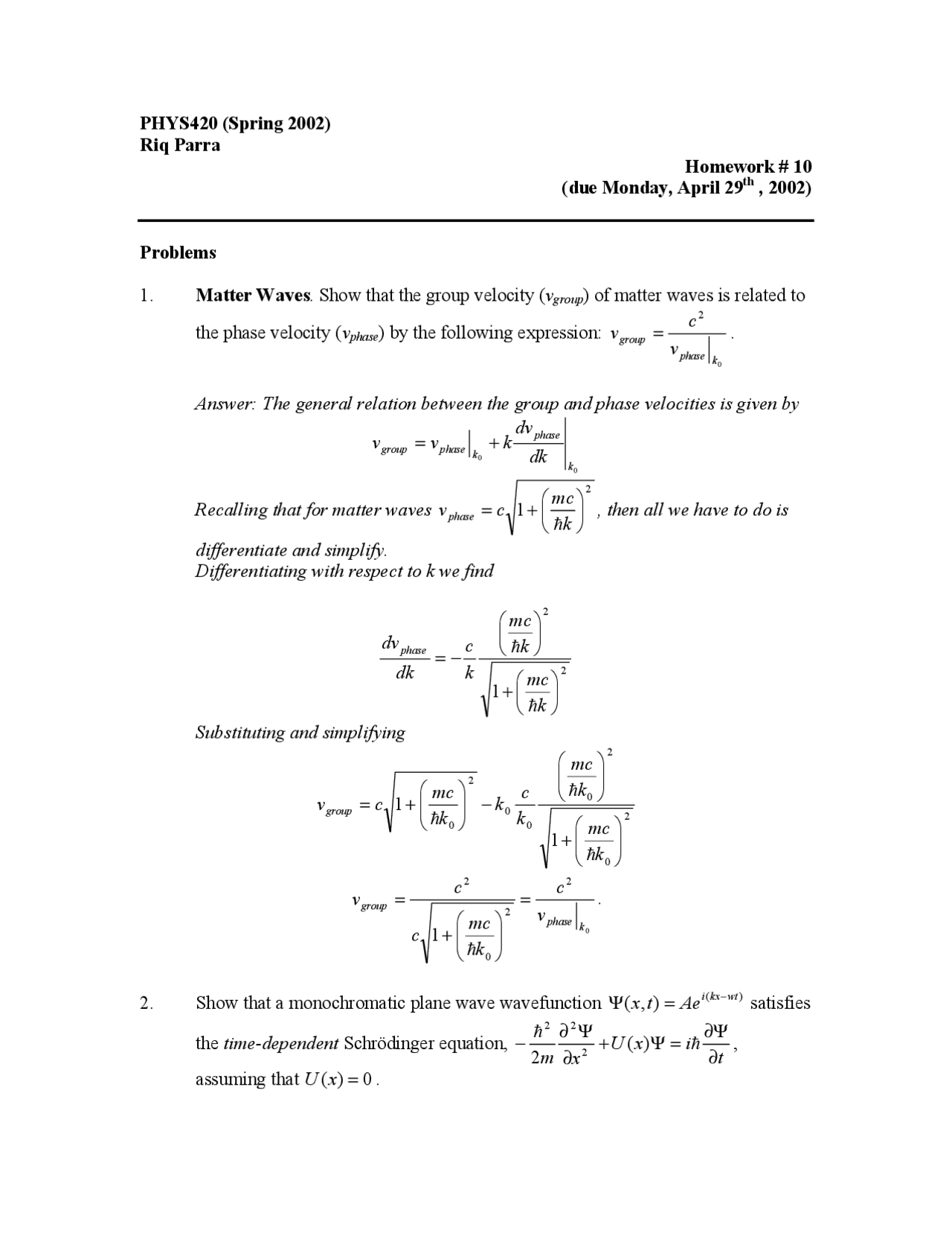 Homework 10 Principles Of Modern Physics Fall 2002 Phys 420 Docsity