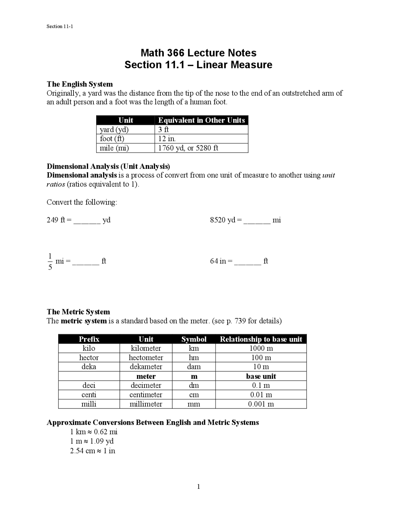 The English, Metric System and Dimensional Analysis - Linear Measure ...