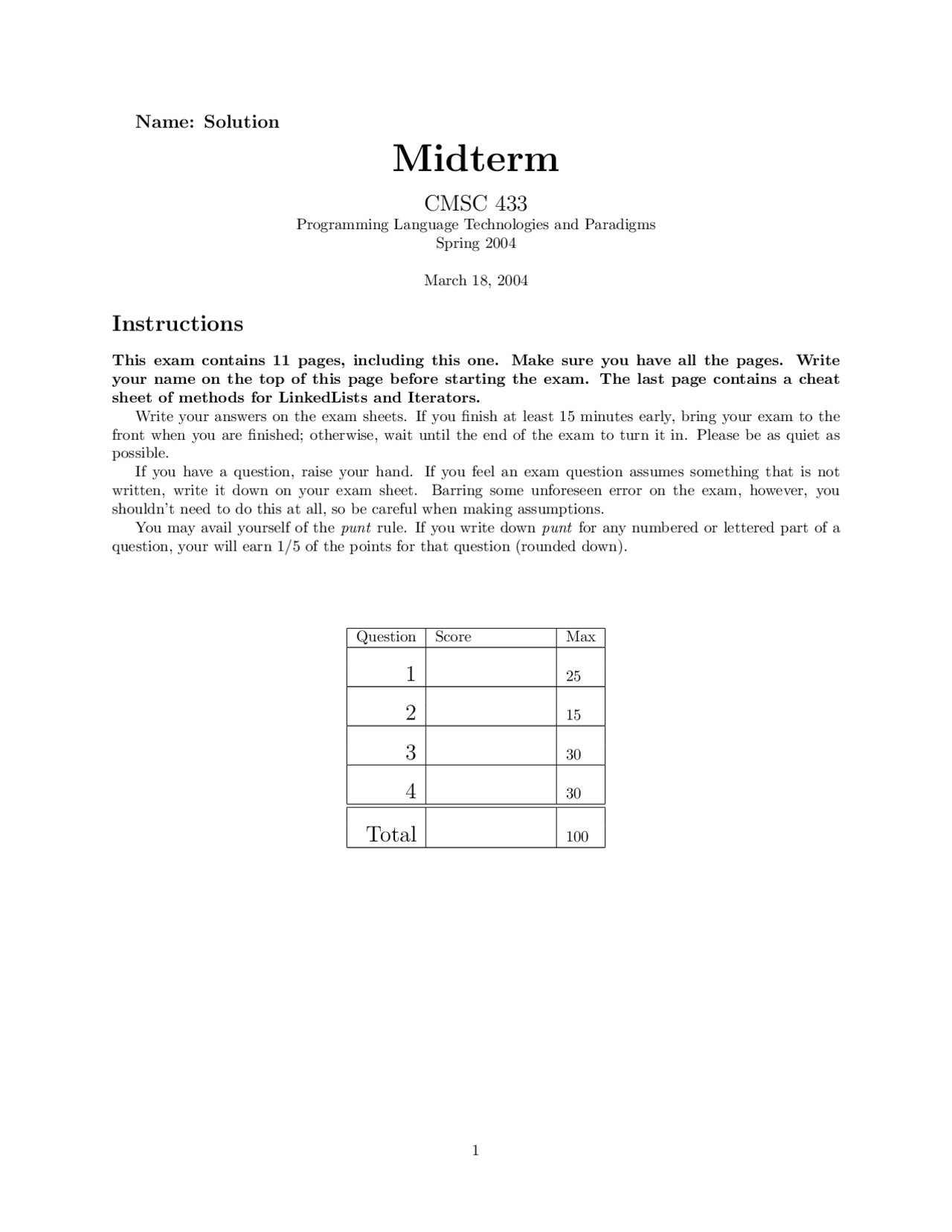 Midterm Solution Programming Language Technologies And Paradigms Cmsc 433 Docsity