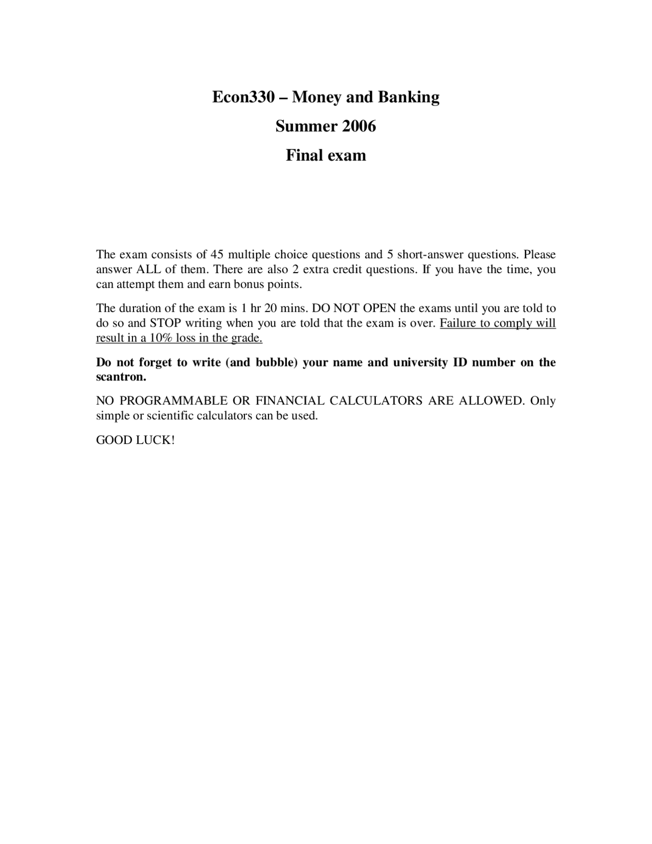 Final Exam For Money And Banking Fall 2006 Econ 330 Docsity