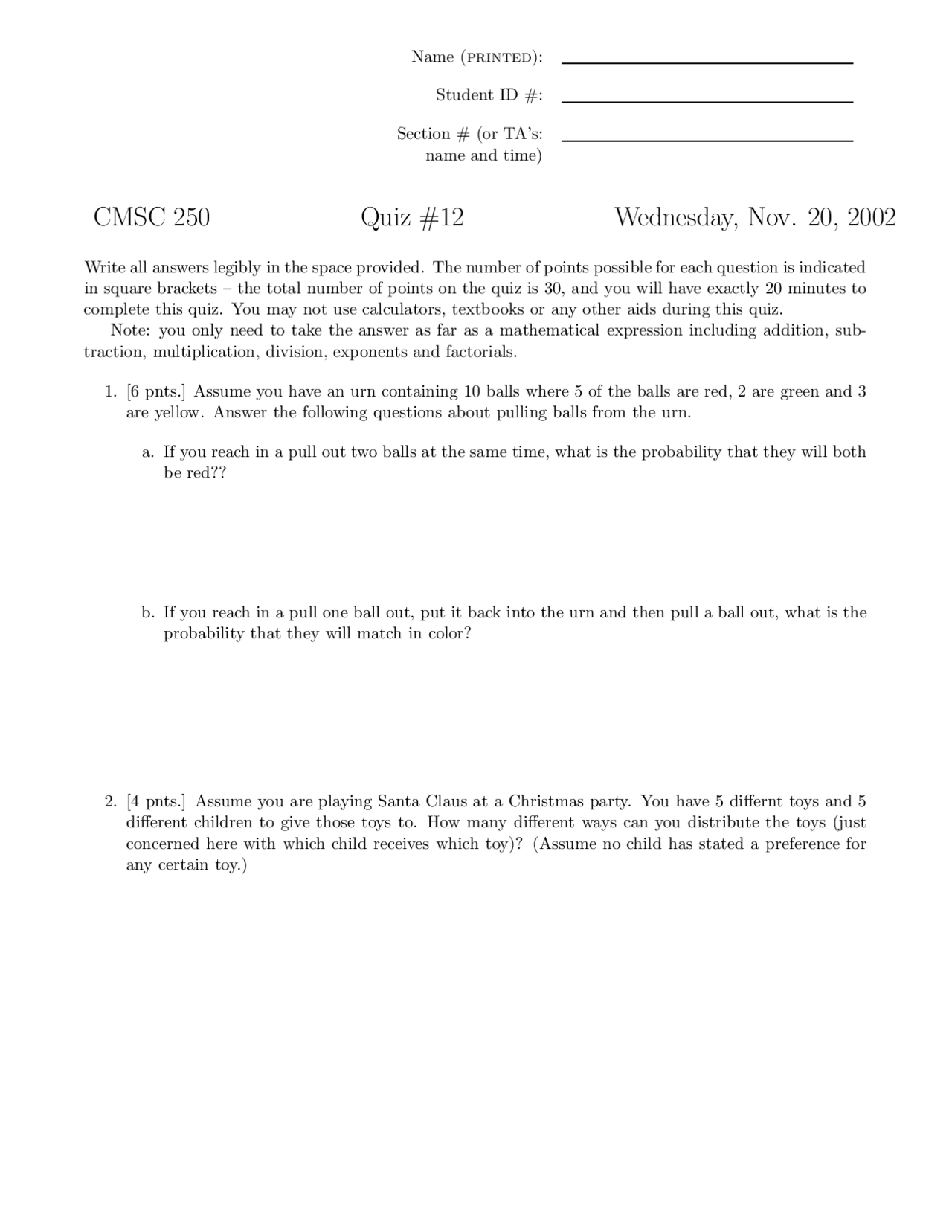 Quiz 12 With 4 Questions Discrete Structures 2002 Cmsc 250 Docsity