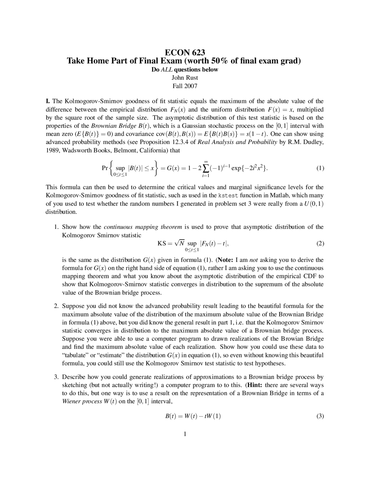 Final Exam With Questions Econometrics Fall 2007 Econ 623 Docsity