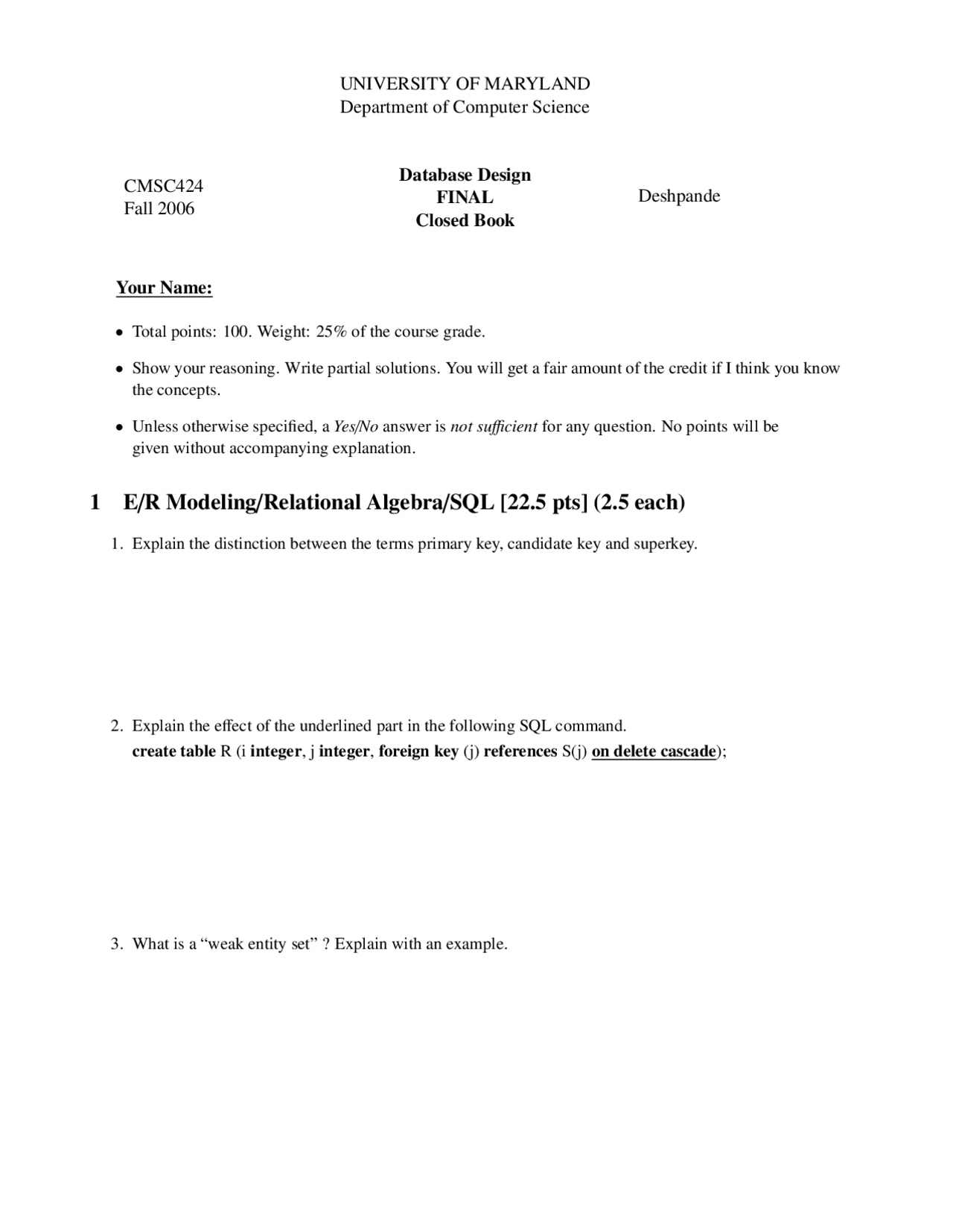 Relational Algebra Final Exam Database Design Cmsc 424 Docsity