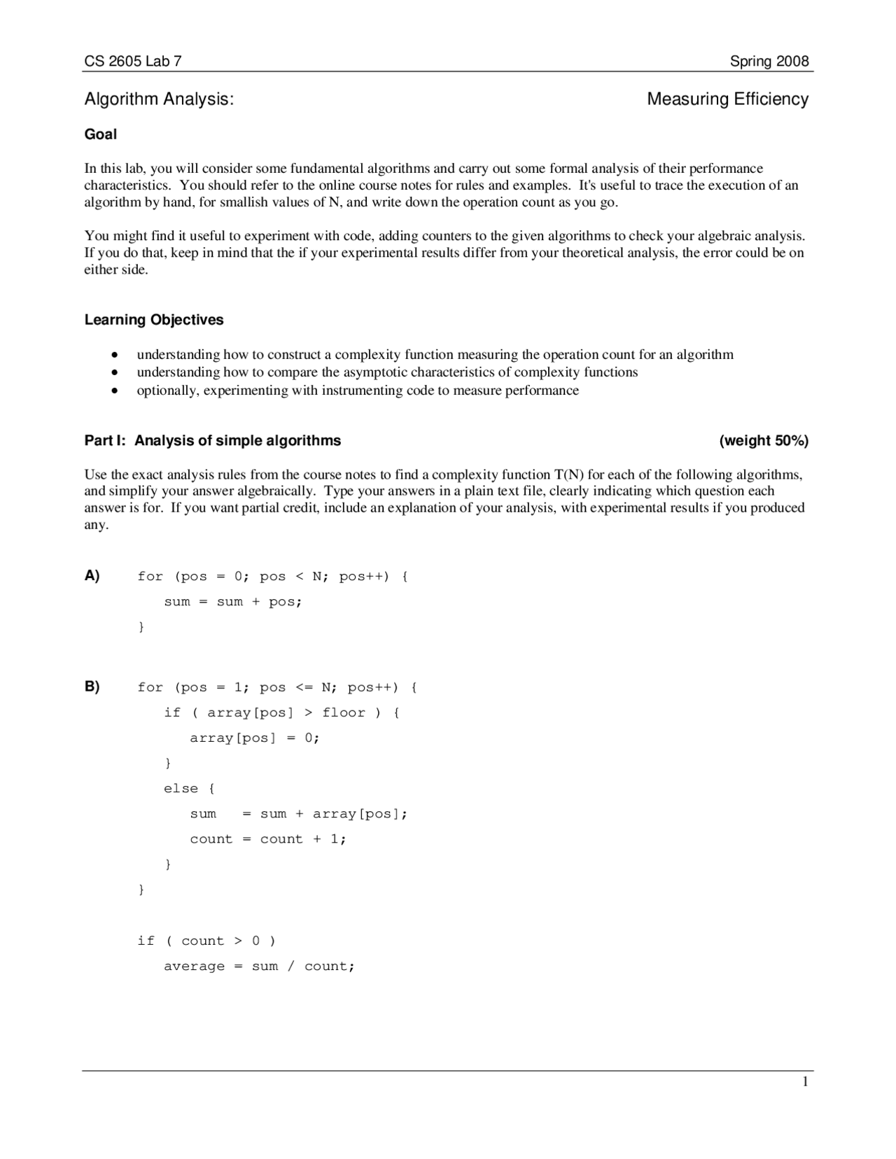 Algorithms Measuring Efficiency Lab Practice 7 Cs 2605 Docsity