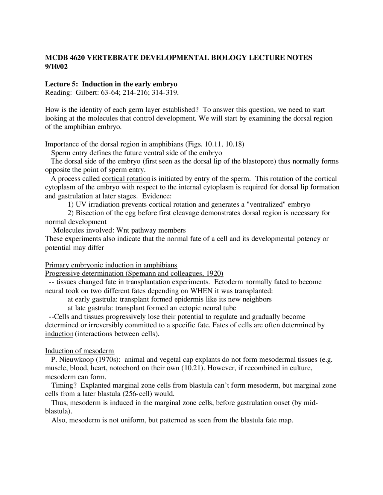 Notes On Induction In The Early Embryo Mcdb 4650 Docsity
