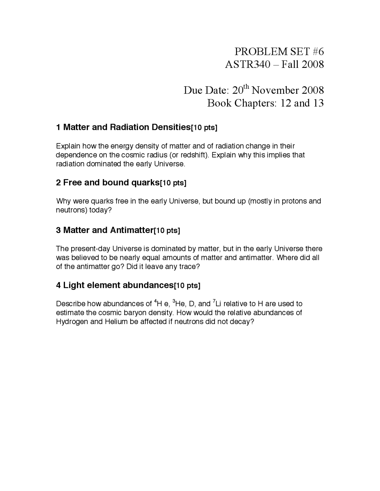 Problem Set 6 Origin Of Universe Astr 340 Docsity