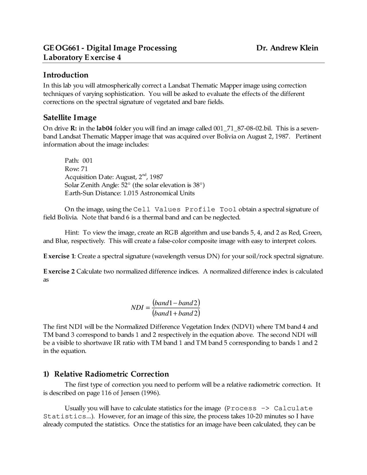 Lab Exercise 4 Digital Image Processing Geog 661 Docsity