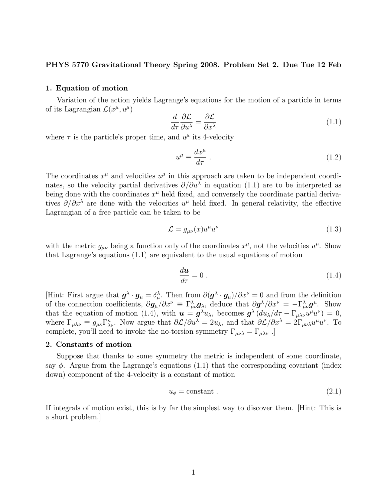 Introduction To Gravitational Theory Assignment 2 Phys 5770 Docsity