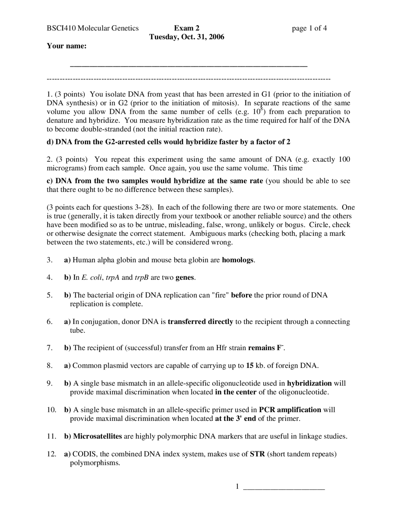 Exam 2 Questions Dna Molecular Genetics Bsci 410 Docsity