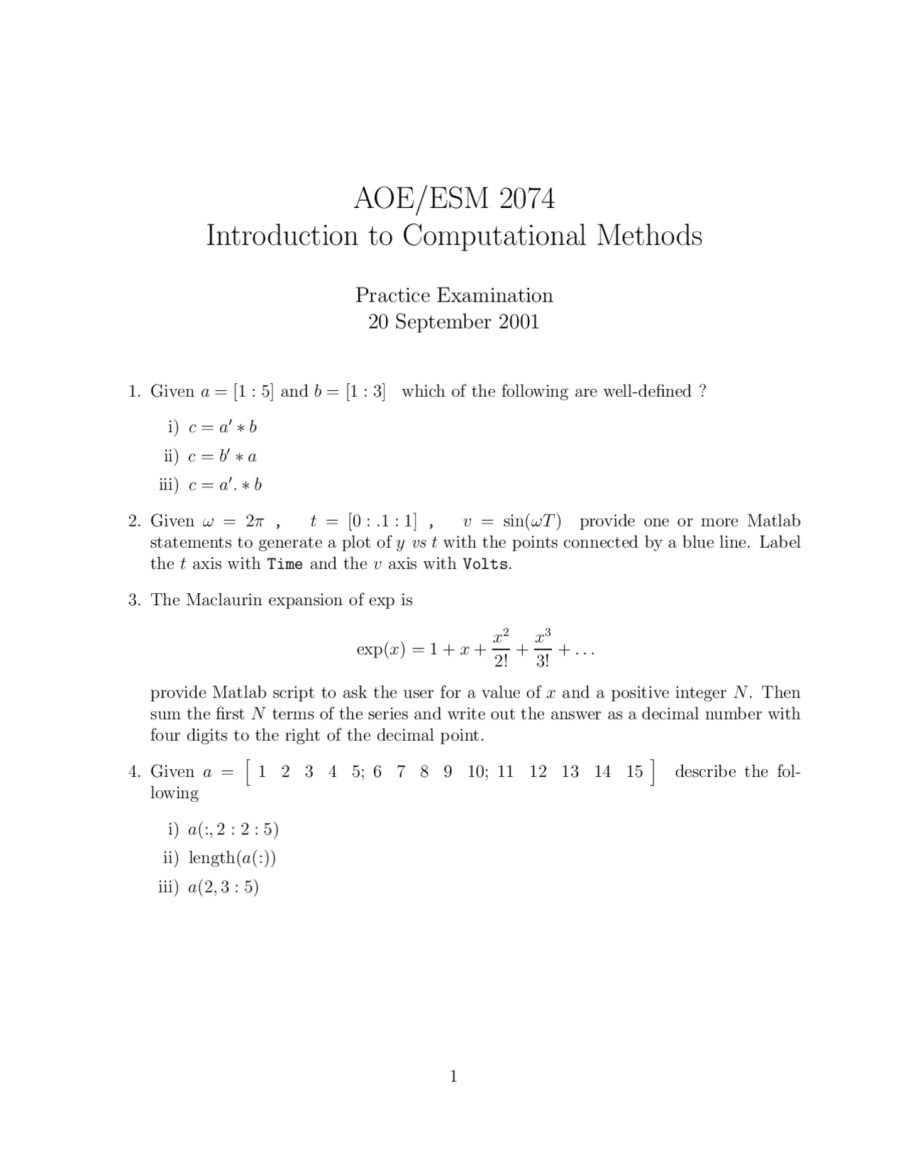 Practice Examinations Introduction To Computational Methods Esm